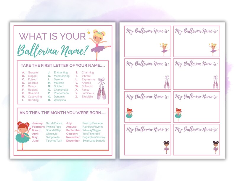 What is Your Ballerina Name Printable Game | Ballet Themed Party Game ...