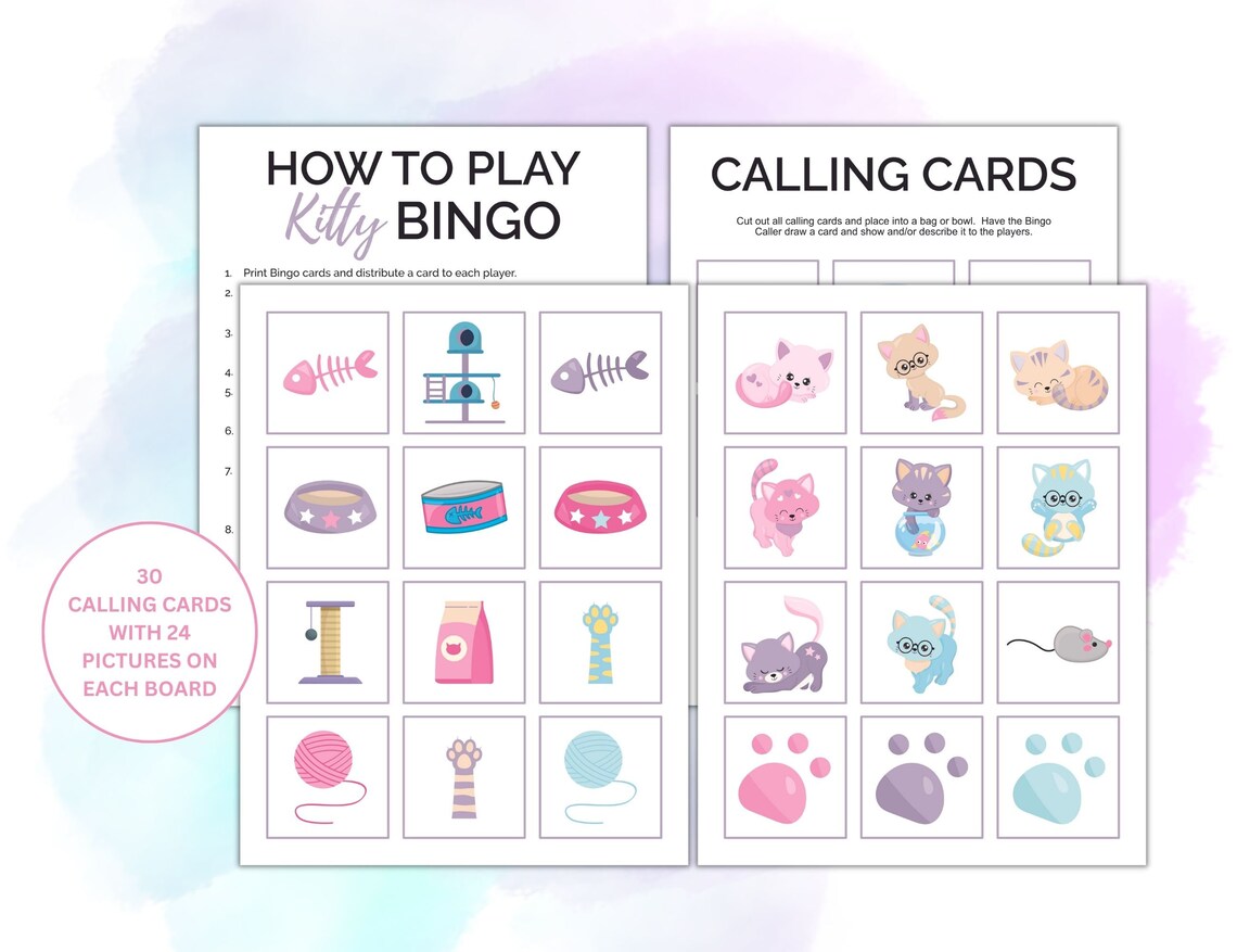 30 Printable Kitty Themed Bingo Cards | Kitty Cat Party Games | Cat ...