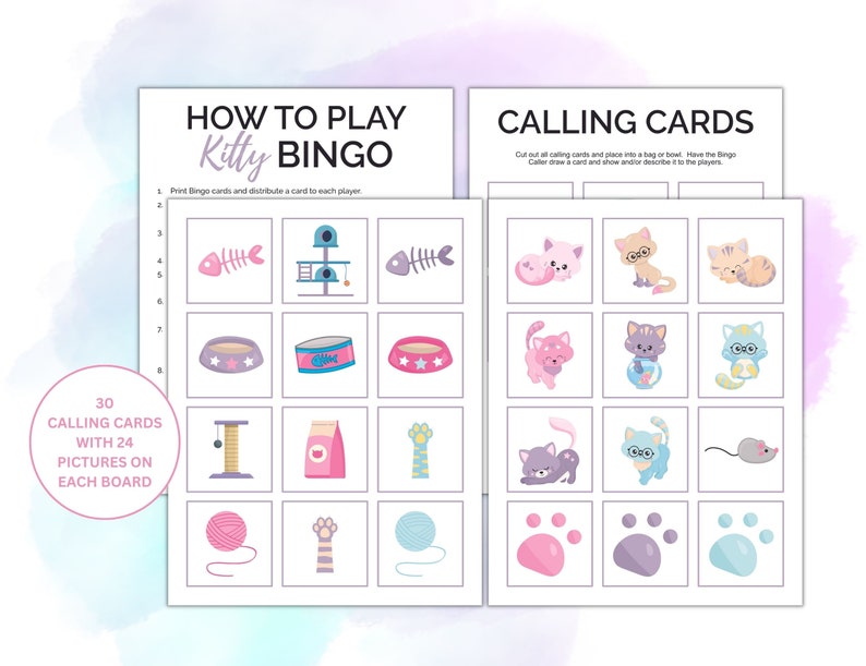 30 Printable Kitty Themed Bingo Cards | Kitty Cat Party Games | Cat ...