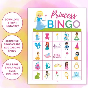 30 Printable Princess Themed Bingo Cards | Princess Party Games ...