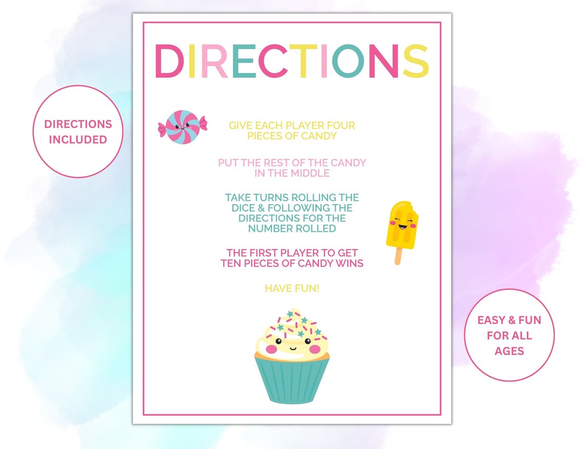 Sweets and Treats Candy Dice Printable Game | Candy Themed Party Game ...