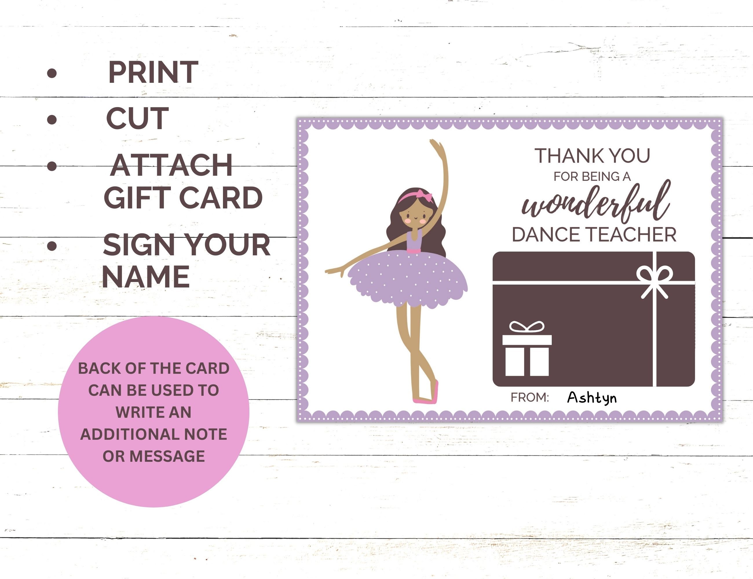 Printable Dance Teacher Thank You Card | Gift Card Holder | Dance ...
