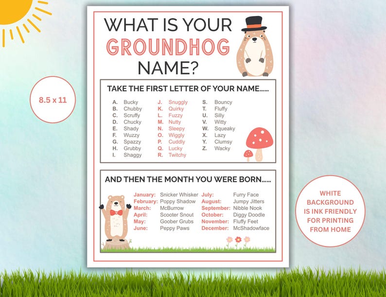 What is Your Groundhog Name Printable Game | Groundhog Party Game ...