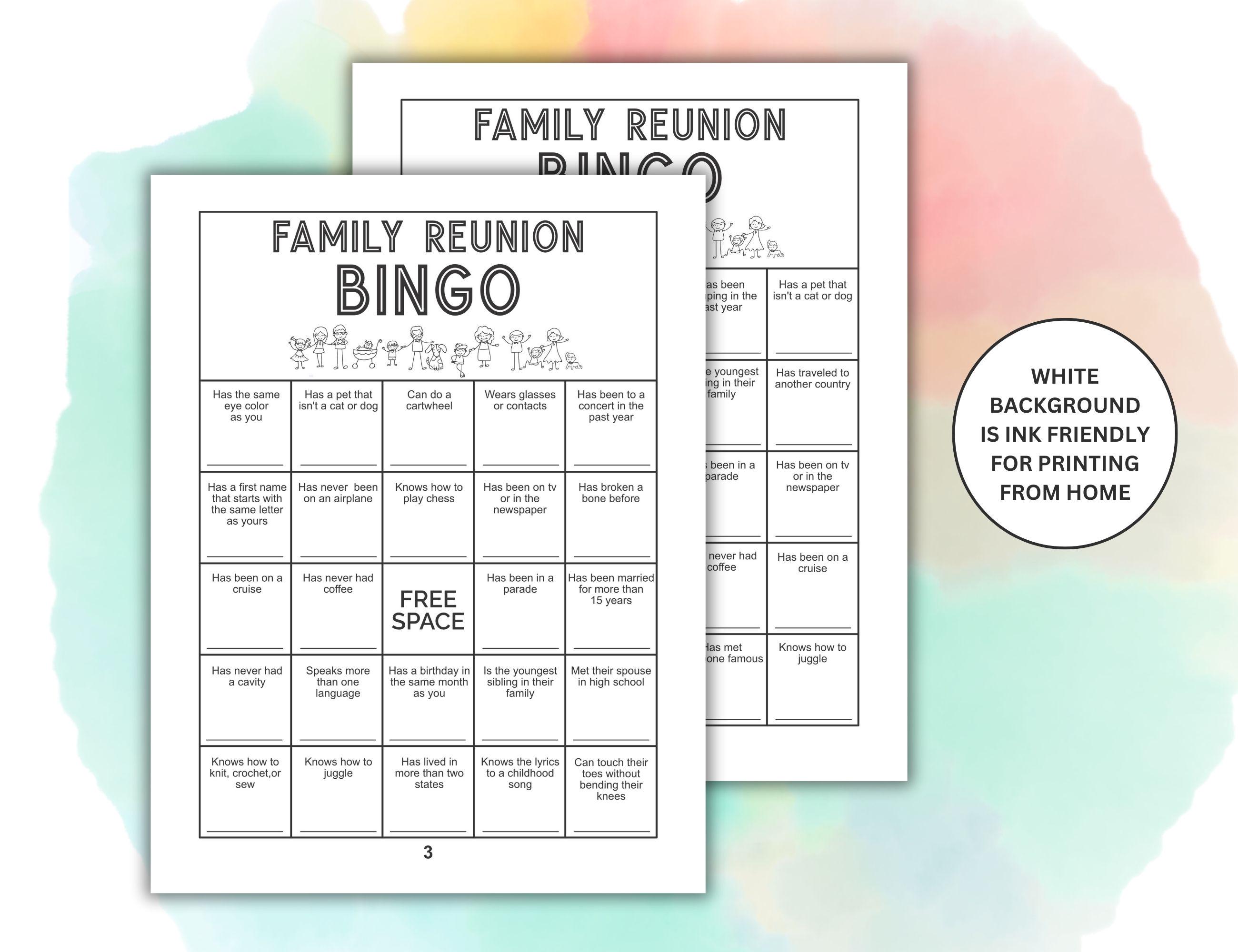 50 Printable Family Reunion Bingo Cards | Family Reunion Games | Family ...