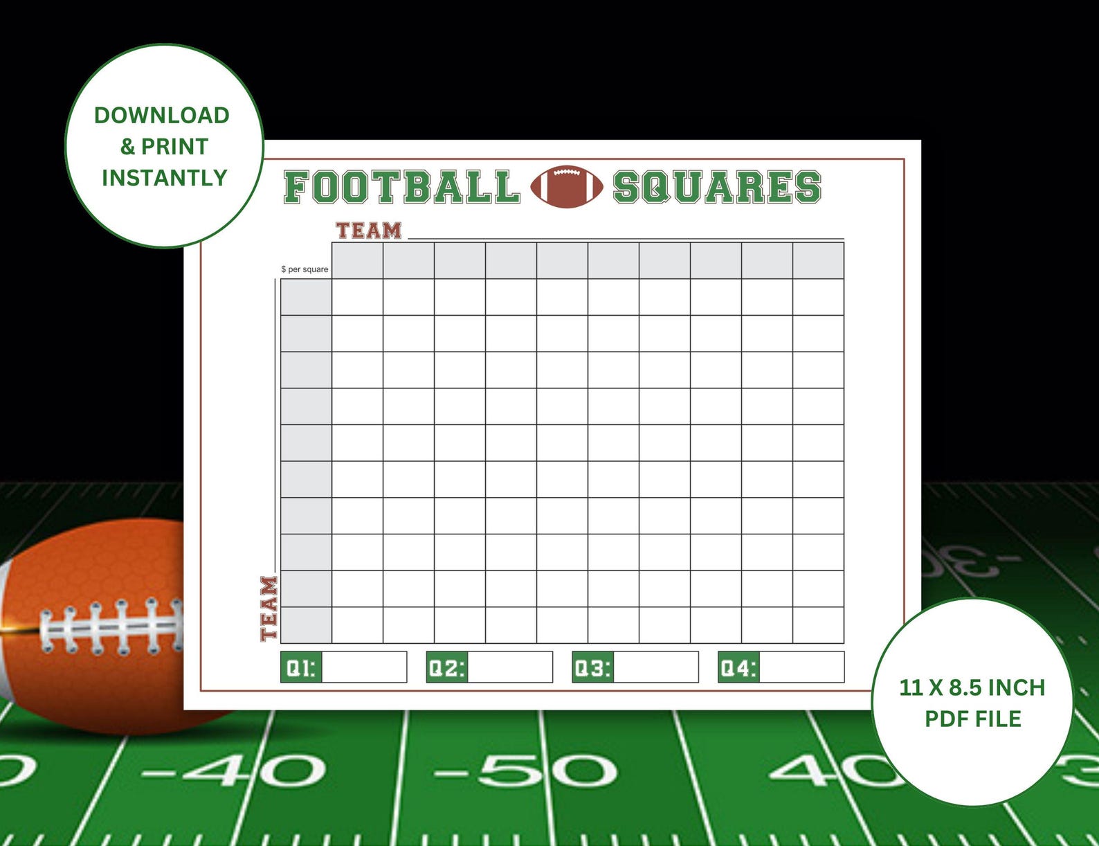 Football Squares Printable Game Board | 100 Square Football Pool | 100 ...