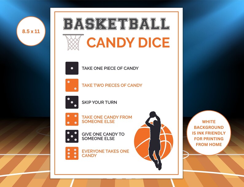 Basketball Party Candy Dice Printable Game | Basketball Themed Game ...
