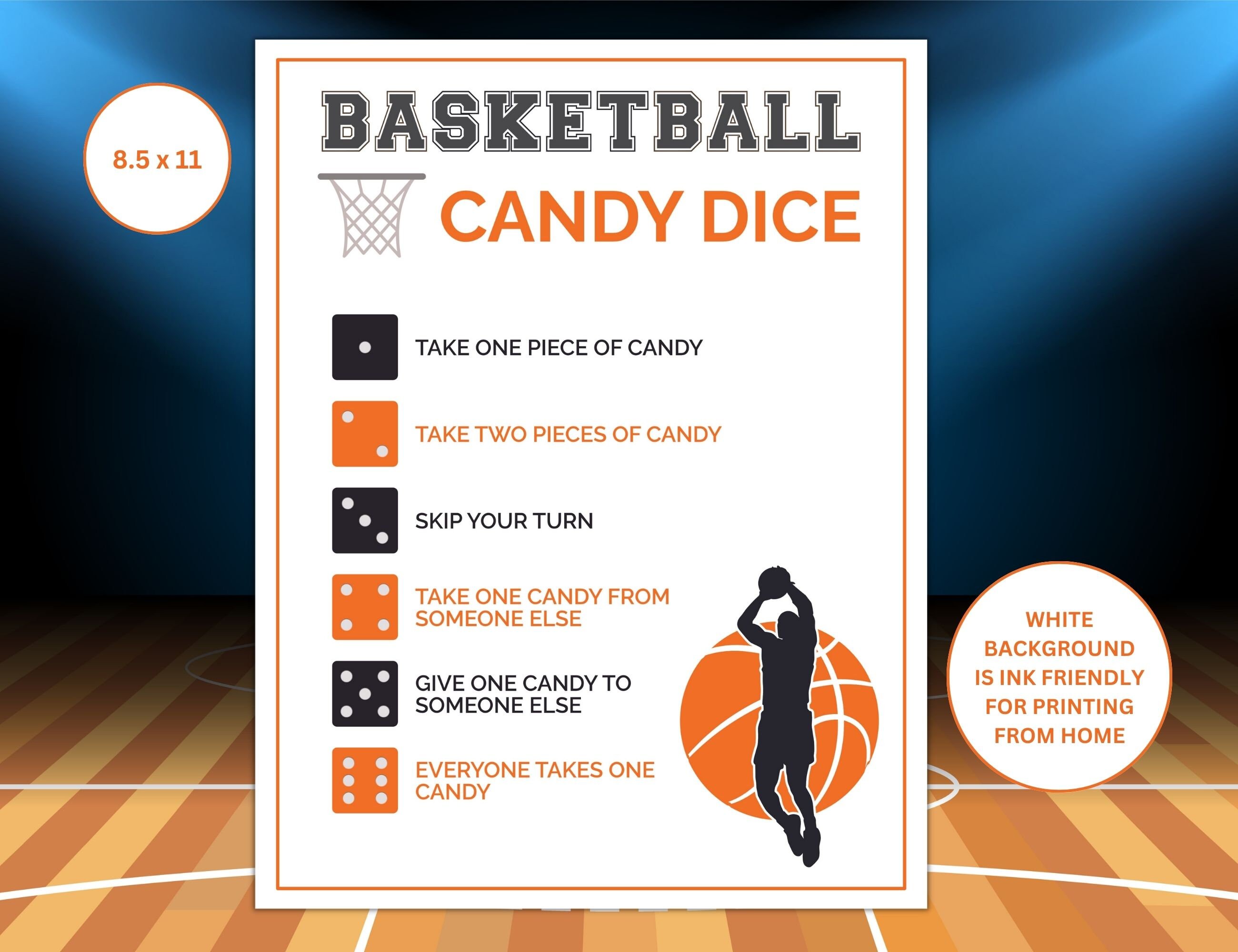 Basketball Party Candy Dice Printable Game | Basketball Themed Game ...