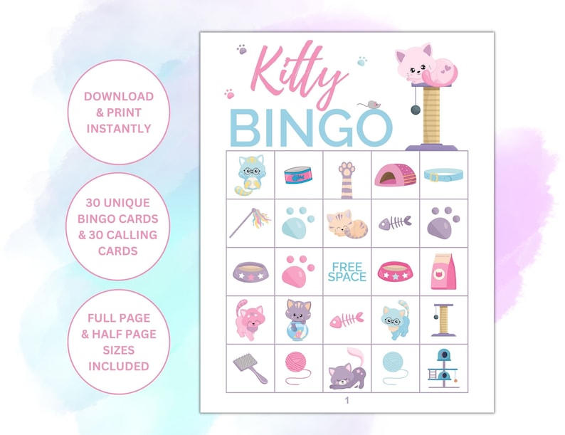 30 Printable Kitty Themed Bingo Cards | Kitty Cat Party Games | Cat ...