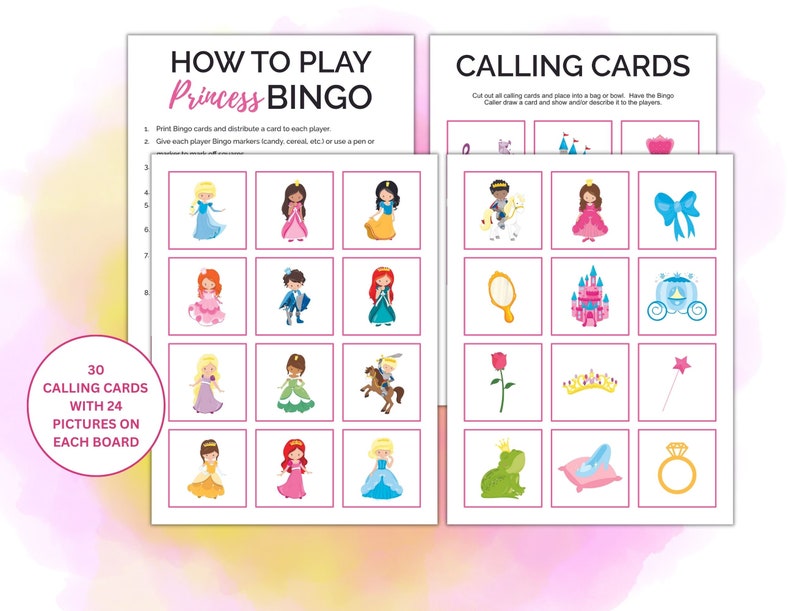 30 Printable Princess Themed Bingo Cards | Princess Party Games ...