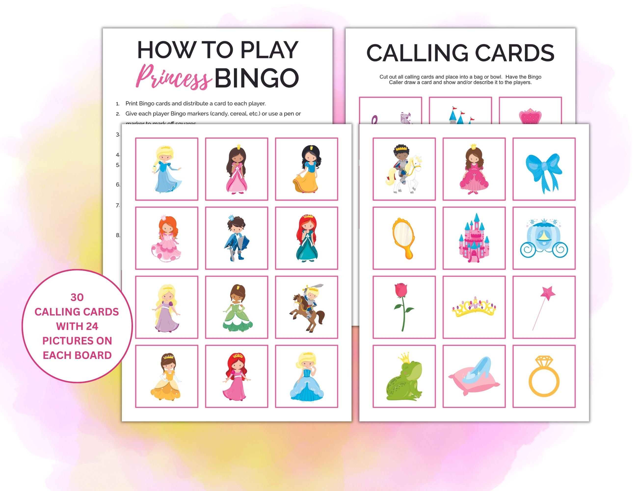 30 Printable Princess Themed Bingo Cards Princess Party Games Princess ...