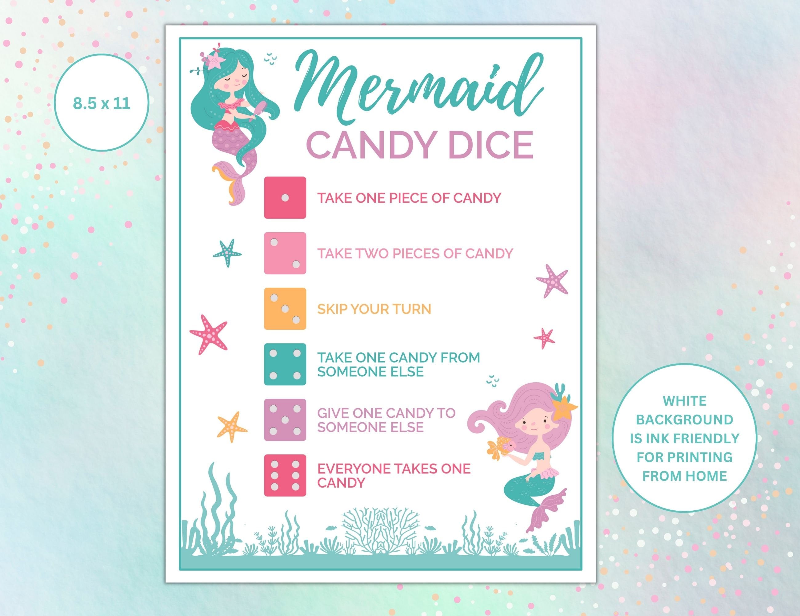 Mermaid Candy Dice Printable Game | Mermaid Themed Party Game | DIY ...