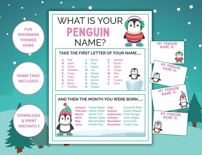 What's Your Penguin Name Printable Game | Penguin Themed Party Game ...