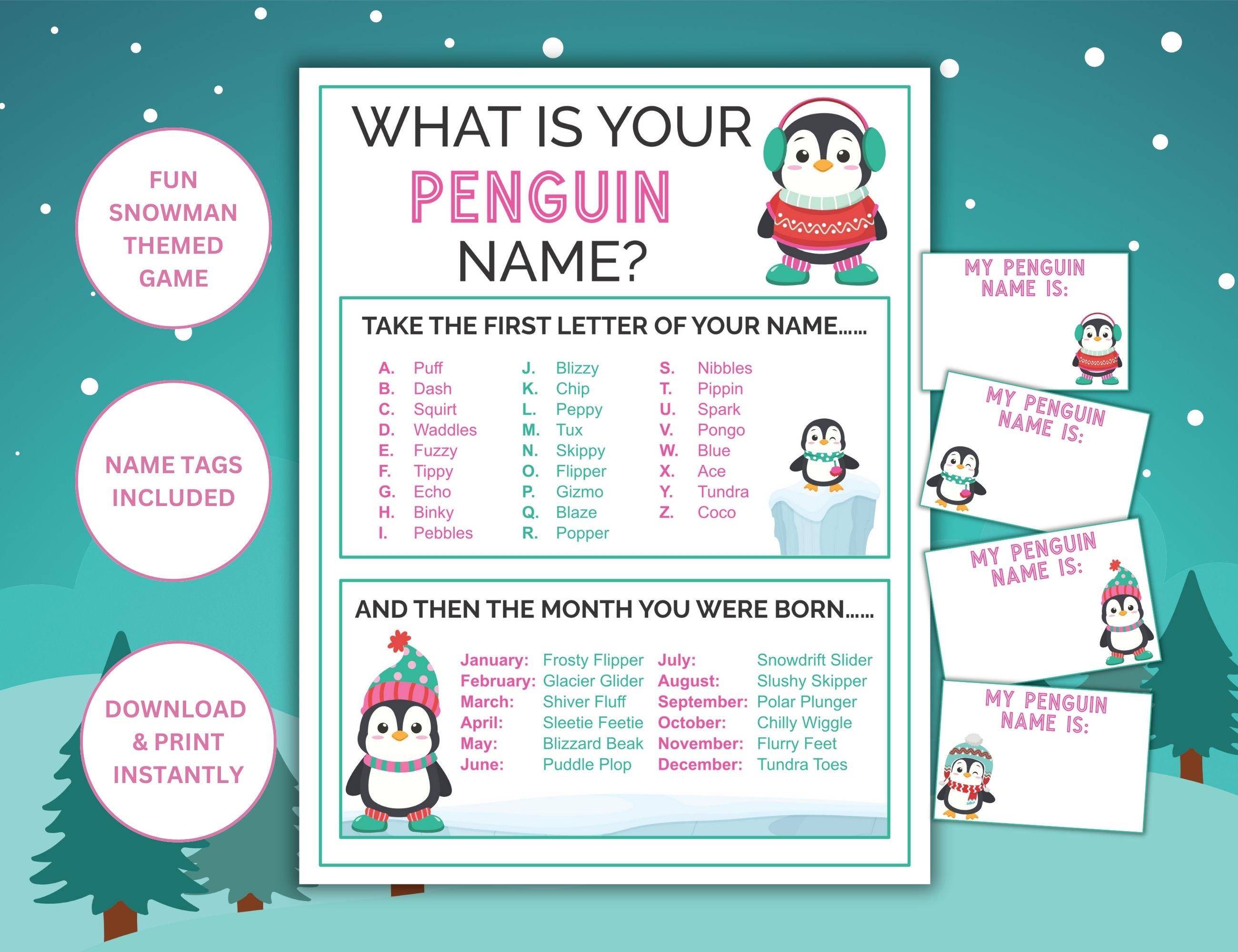 What's Your Penguin Name Printable Game | Penguin Themed Party Game ...