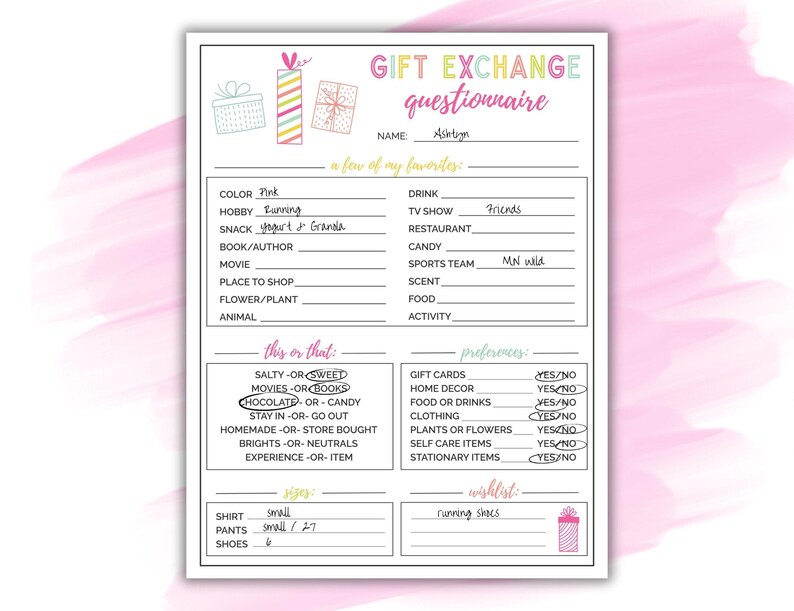 Gift Exchange Questionnaire | My Favorite Things List | Secret Sister ...