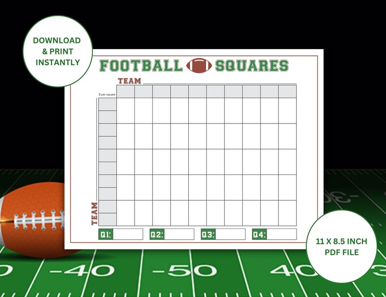 Football Squares Printable Game Board | 50 Square Football Pool | 50 ...