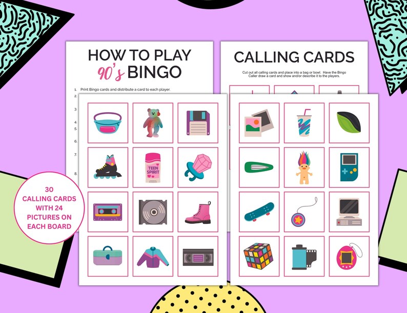 30 Printable 90's Themed Bingo Cards | Retro 90's Party Games | 90's ...