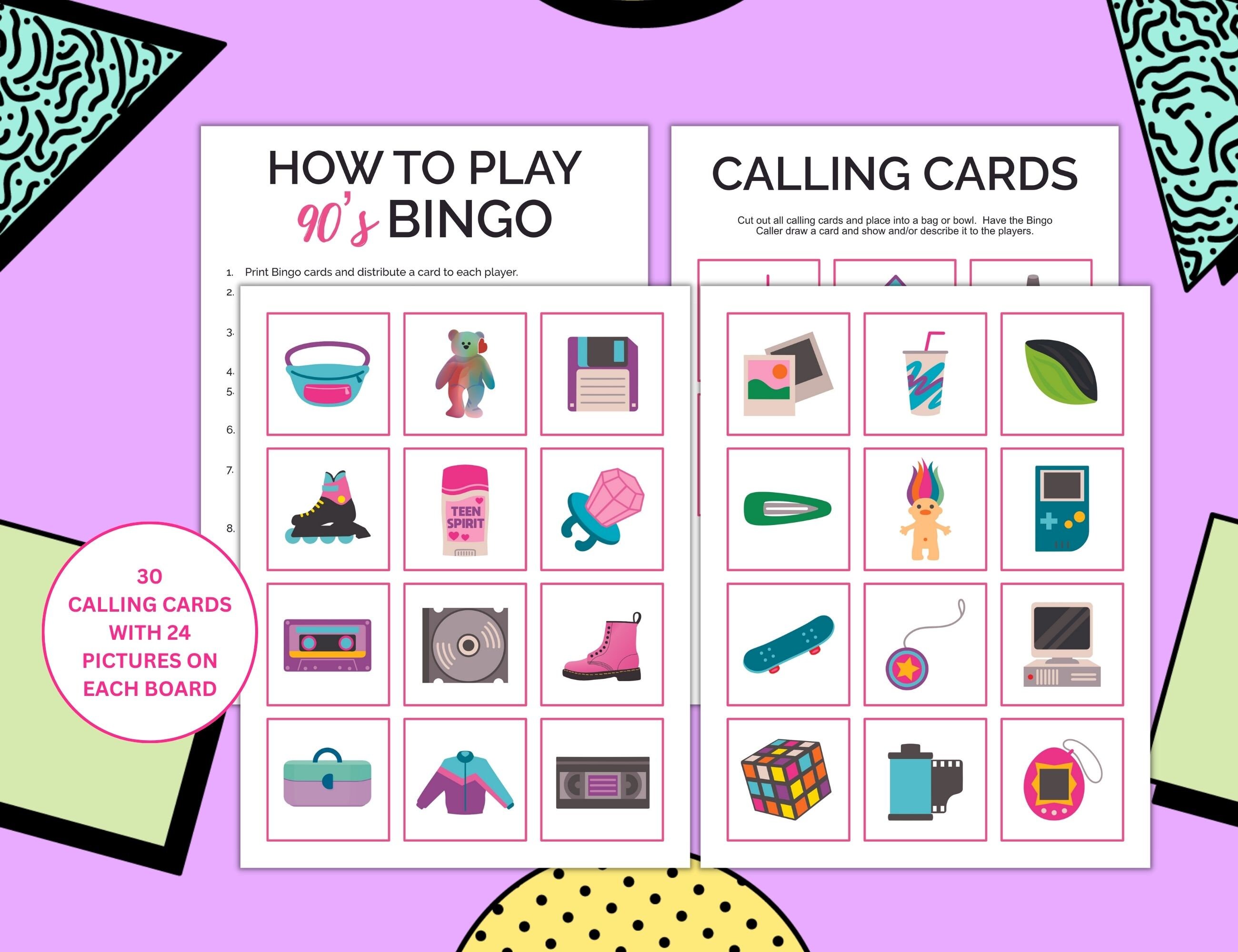 30 Printable 90's Themed Bingo Cards | Retro 90's Party Games | 90's ...