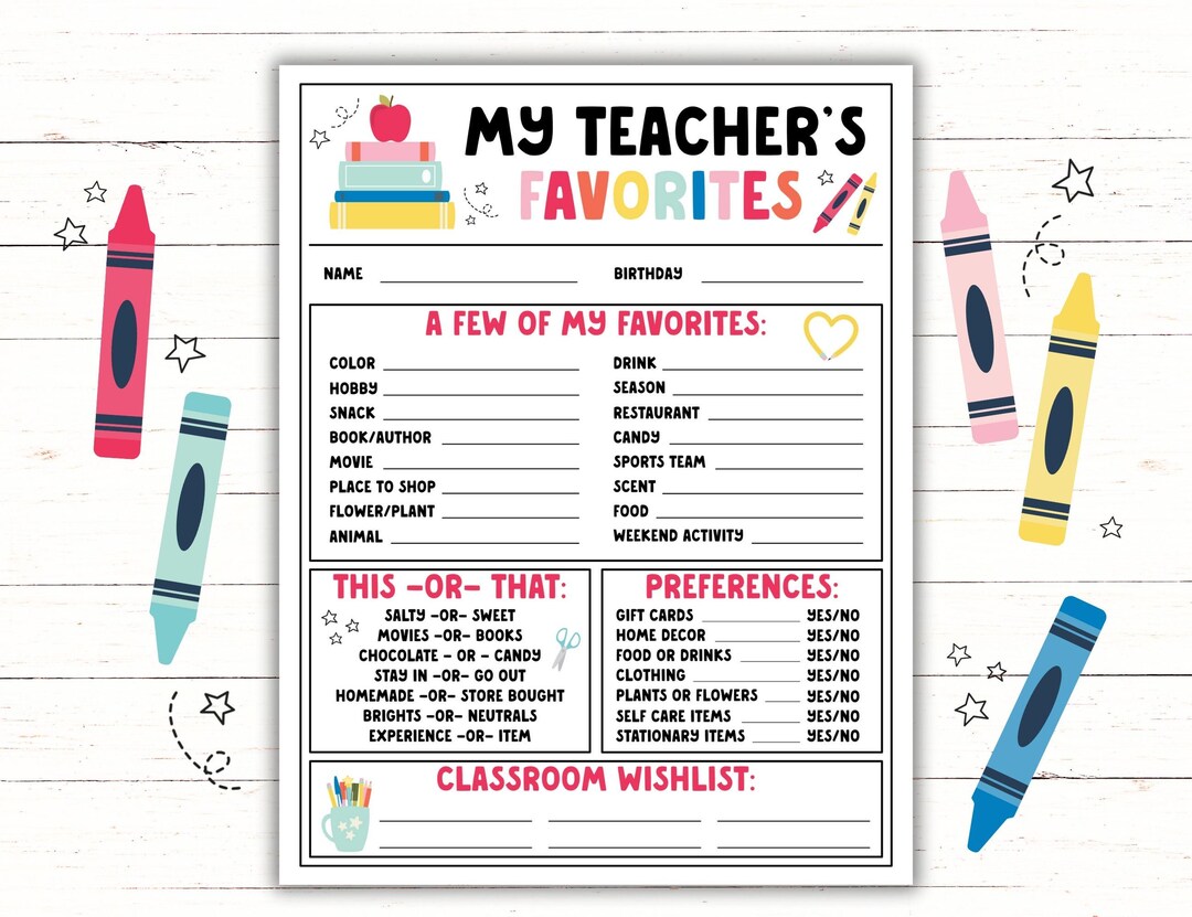 Teacher Favorite Things Questionnaire | Back to School Teacher Survey ...