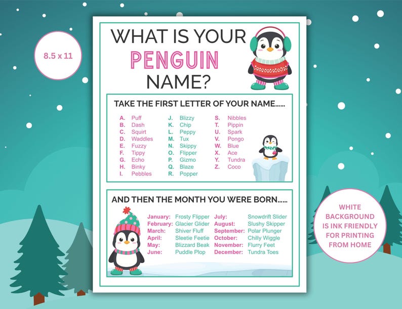 What's Your Penguin Name Printable Game | Penguin Themed Party Game ...
