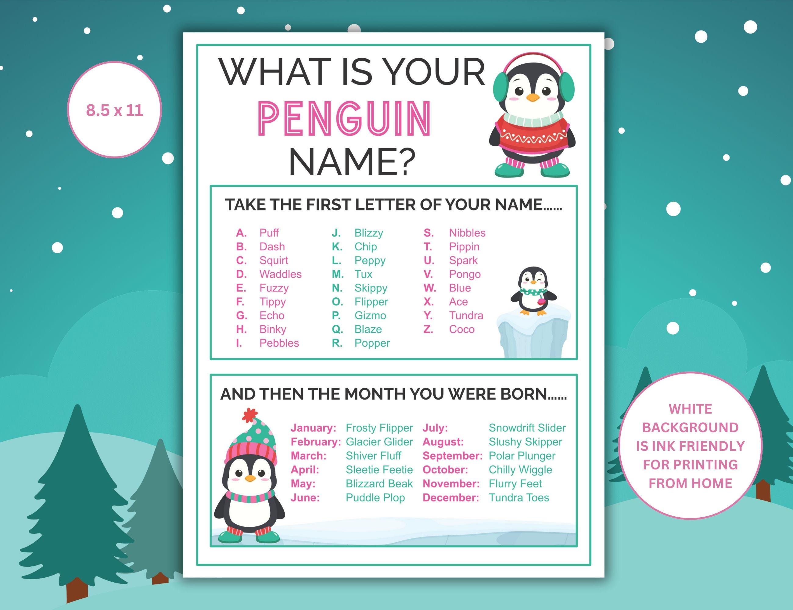 What's Your Penguin Name Printable Game | Penguin Themed Party Game ...