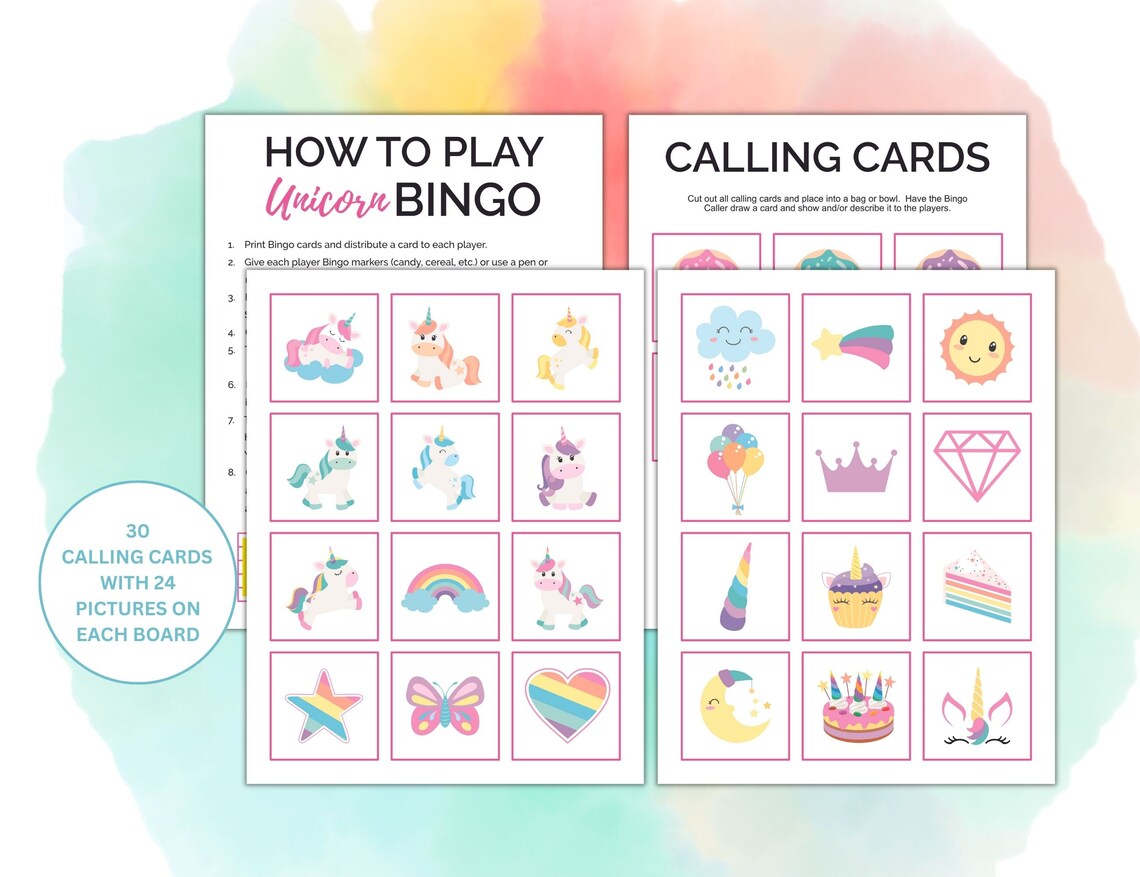 30 Printable Unicorn Themed Bingo Cards | Unicorn Party Games | Unicorn ...