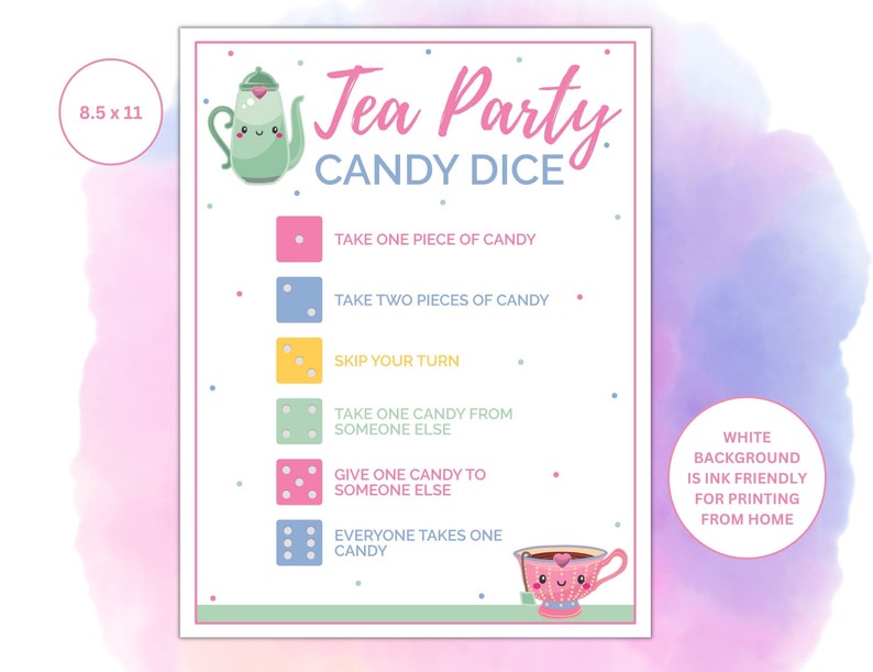 Tea Party Candy Dice Printable Game | Tea Party Themed Game | Easy Kid ...