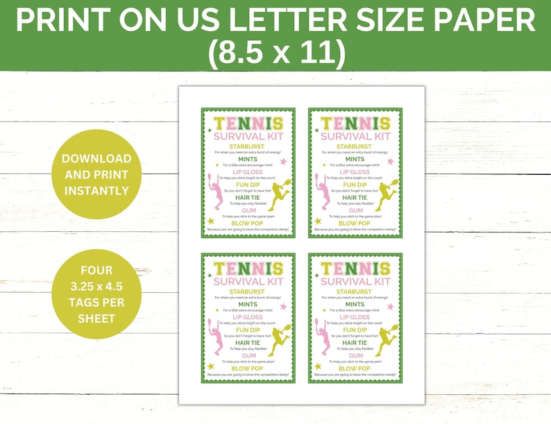 Printable Tennis Survival Kit | Tennis Player Gift Idea| Tennis Team ...
