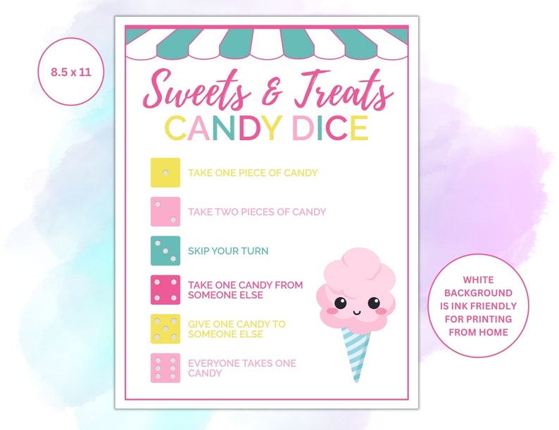 Sweets and Treats Candy Dice Printable Game | Candy Themed Party Game ...