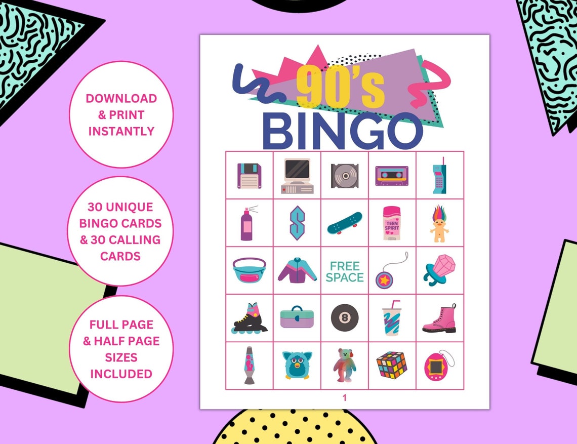 30 Printable 90's Themed Bingo Cards Retro 90's Party Games 90's Themed ...