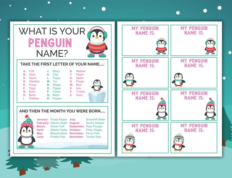 What's Your Penguin Name Printable Game | Penguin Themed Party Game ...