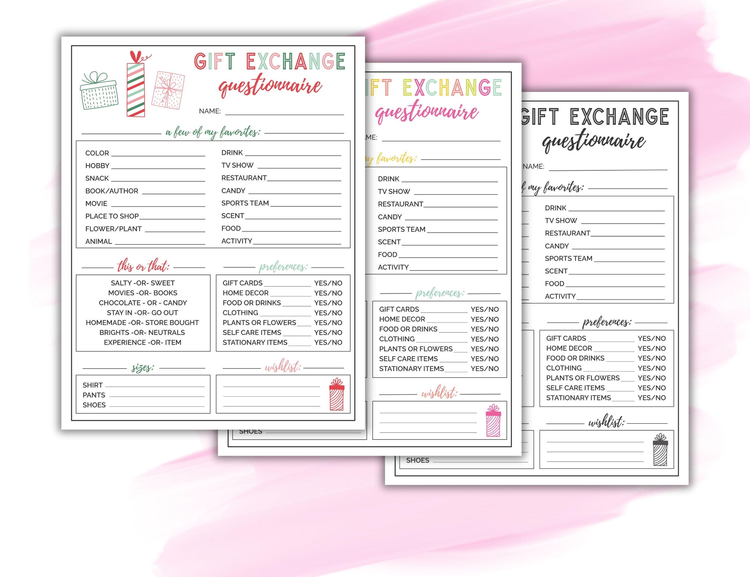 Gift Exchange Questionnaire | My Favorite Things List | Secret Sister ...
