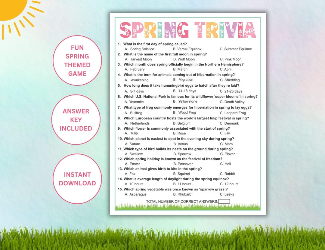 Spring Trivia Printable Game | Spring Party Games | Spring Activity ...
