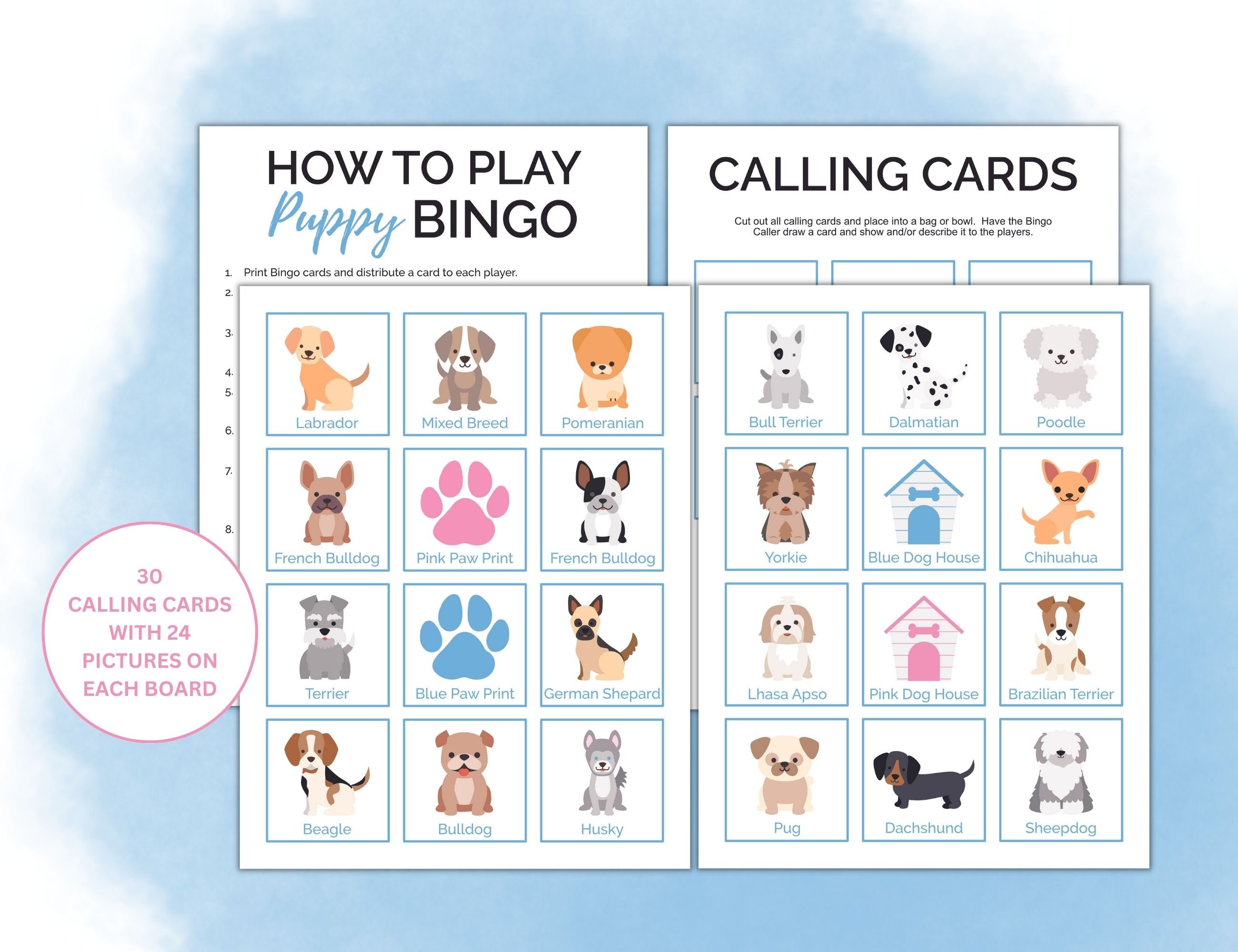 30 Printable Puppy Themed Bingo Cards | Puppy Dog Party Games | Dog ...
