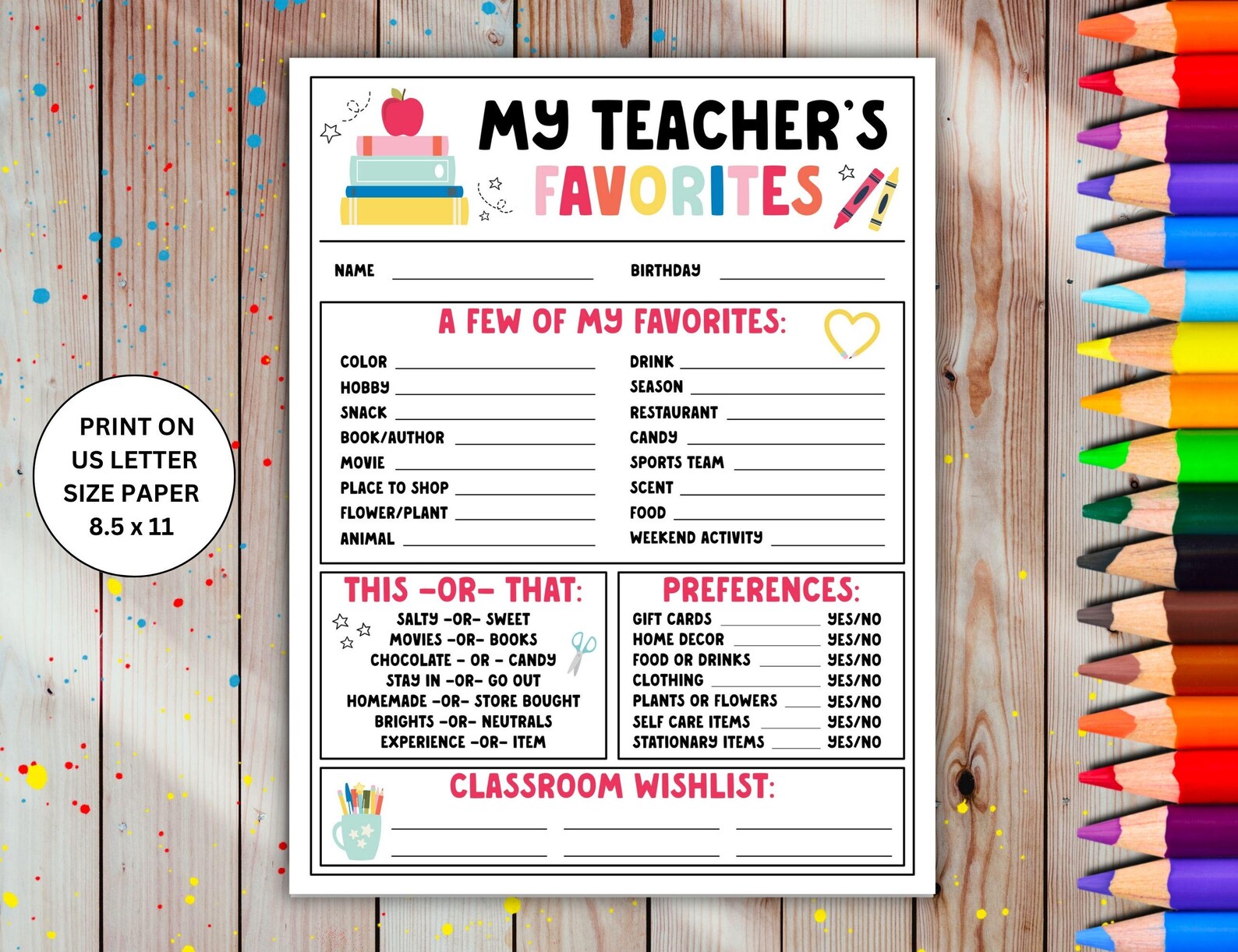 Teacher Favorite Things Questionnaire | Back to School Teacher Survey ...