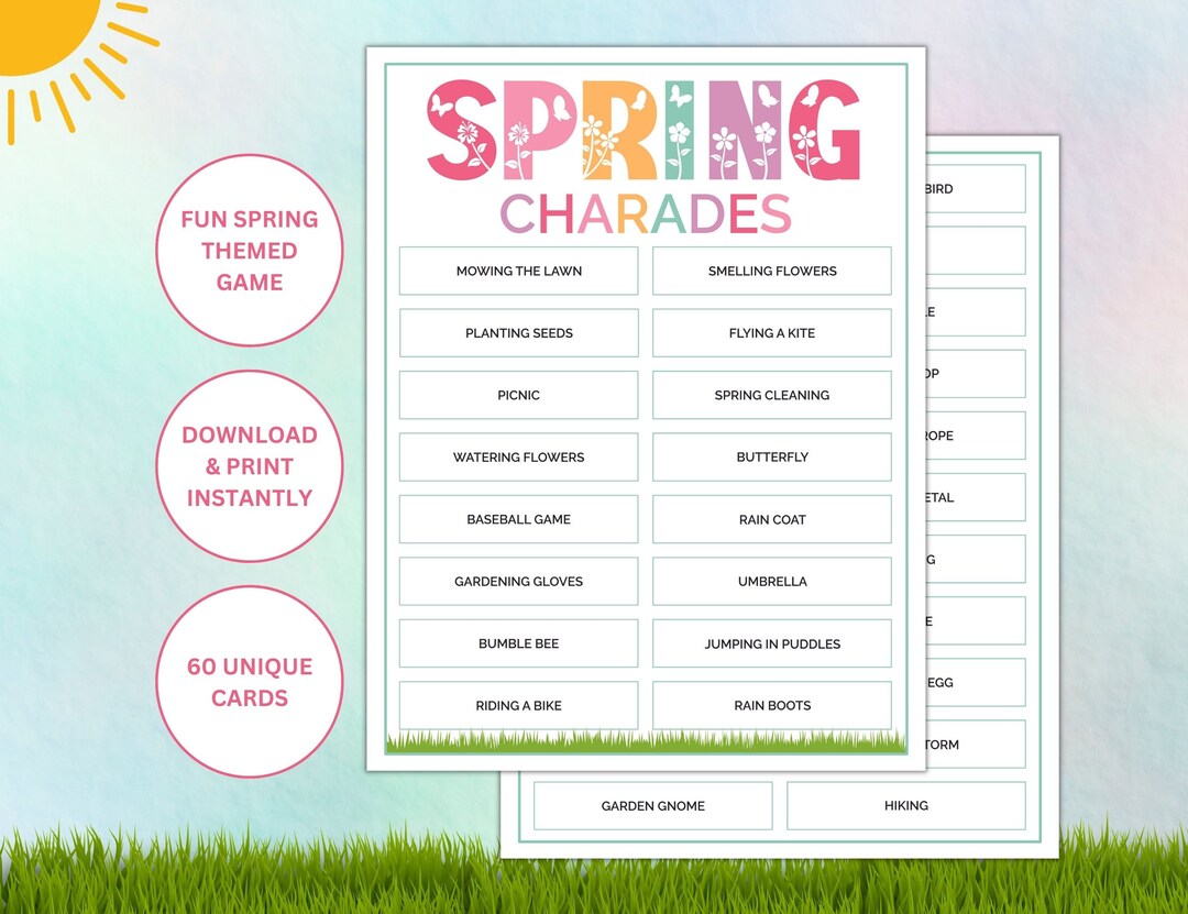 Spring Charades Printable Game | Spring Party Themed Game | Easy Spring ...