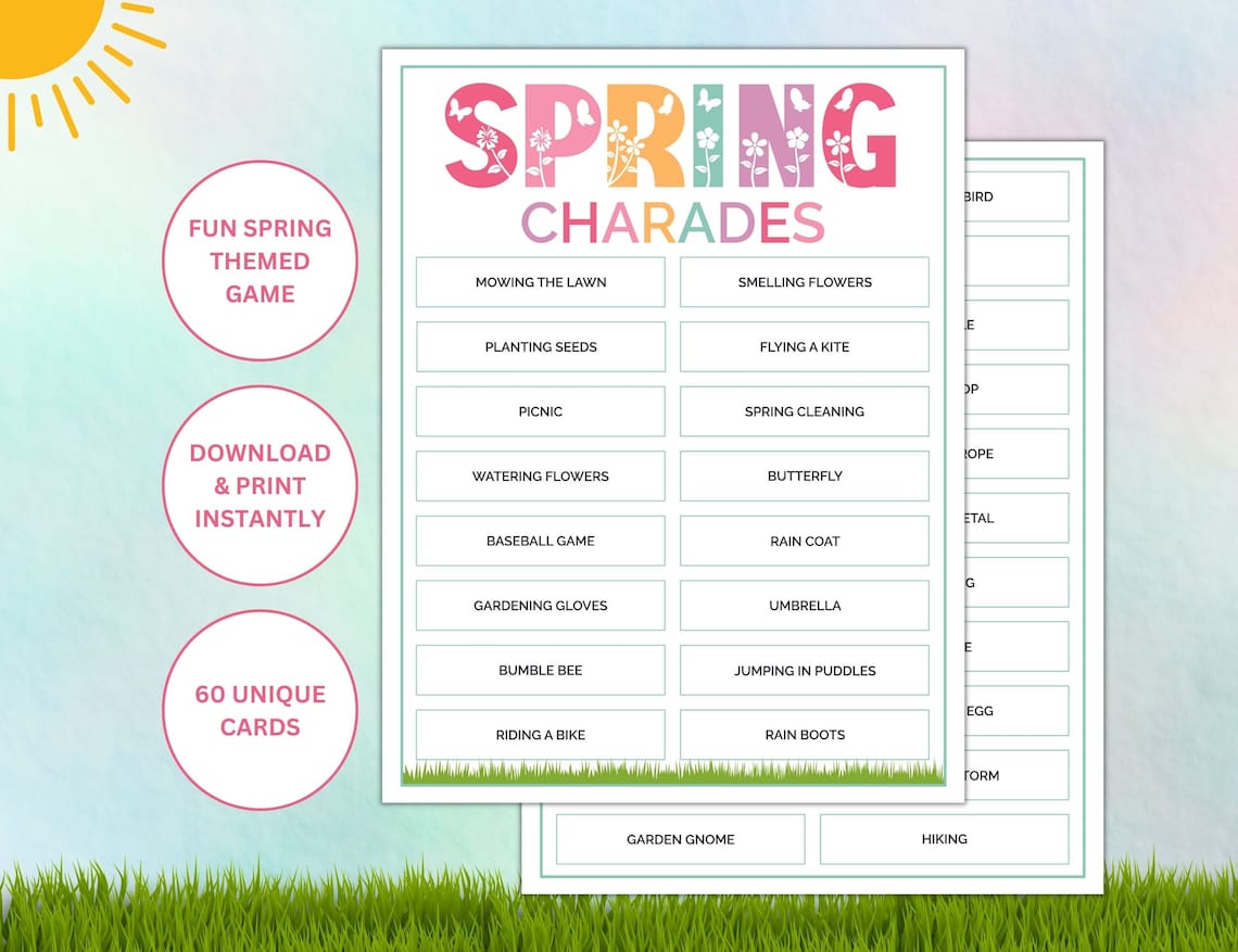 Spring Charades Printable Game | Spring Party Themed Game | Easy Spring ...