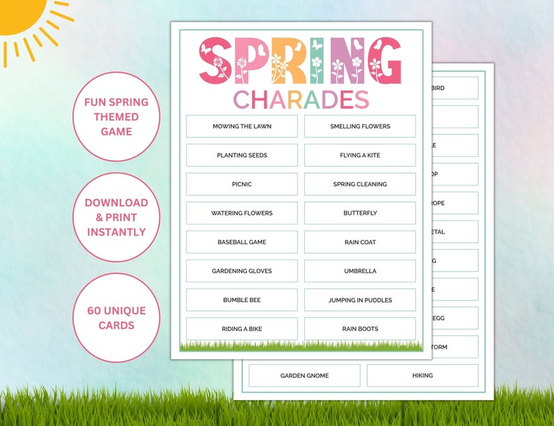 Spring Charades Printable Game | Spring Party Themed Game | Easy Spring ...