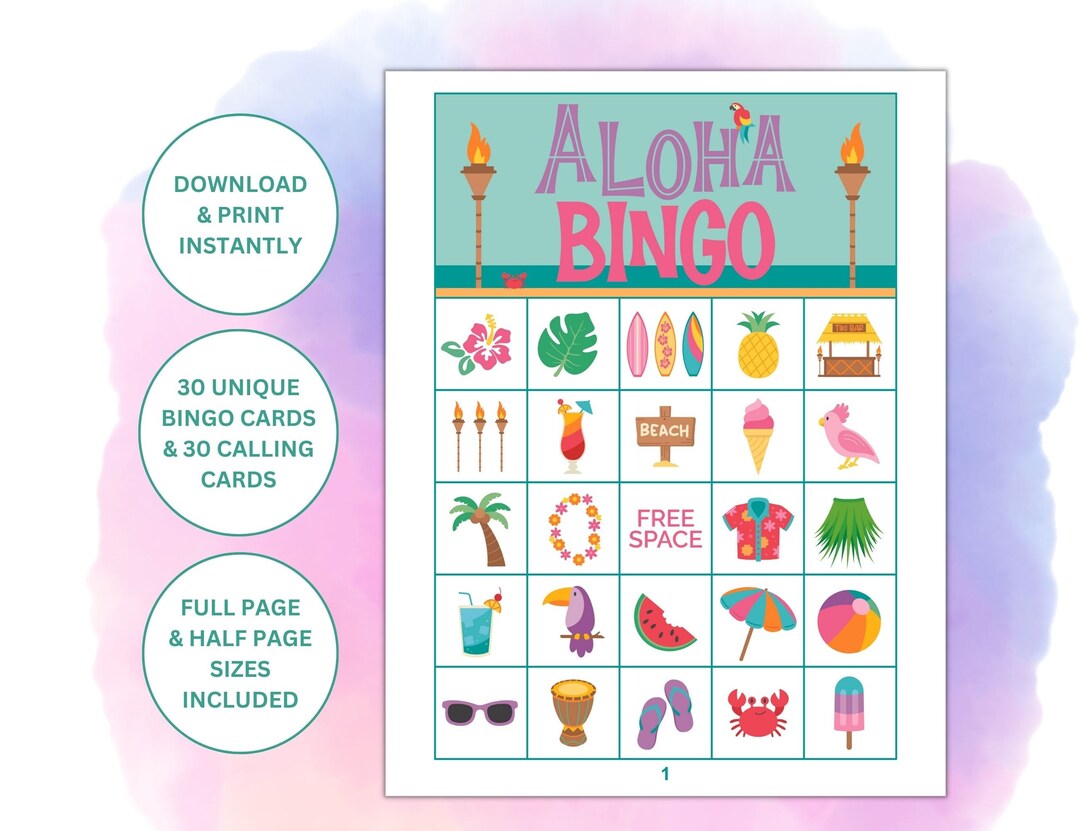 30 Printable Aloha Themed Bingo Cards | Hawaiian Luau Party Games ...