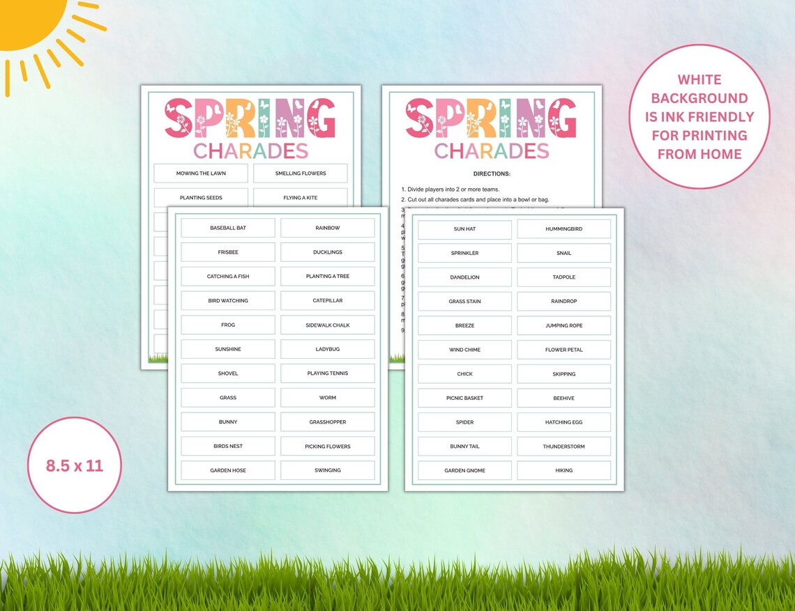 Spring Charades Printable Game | Spring Party Themed Game | Easy Spring ...