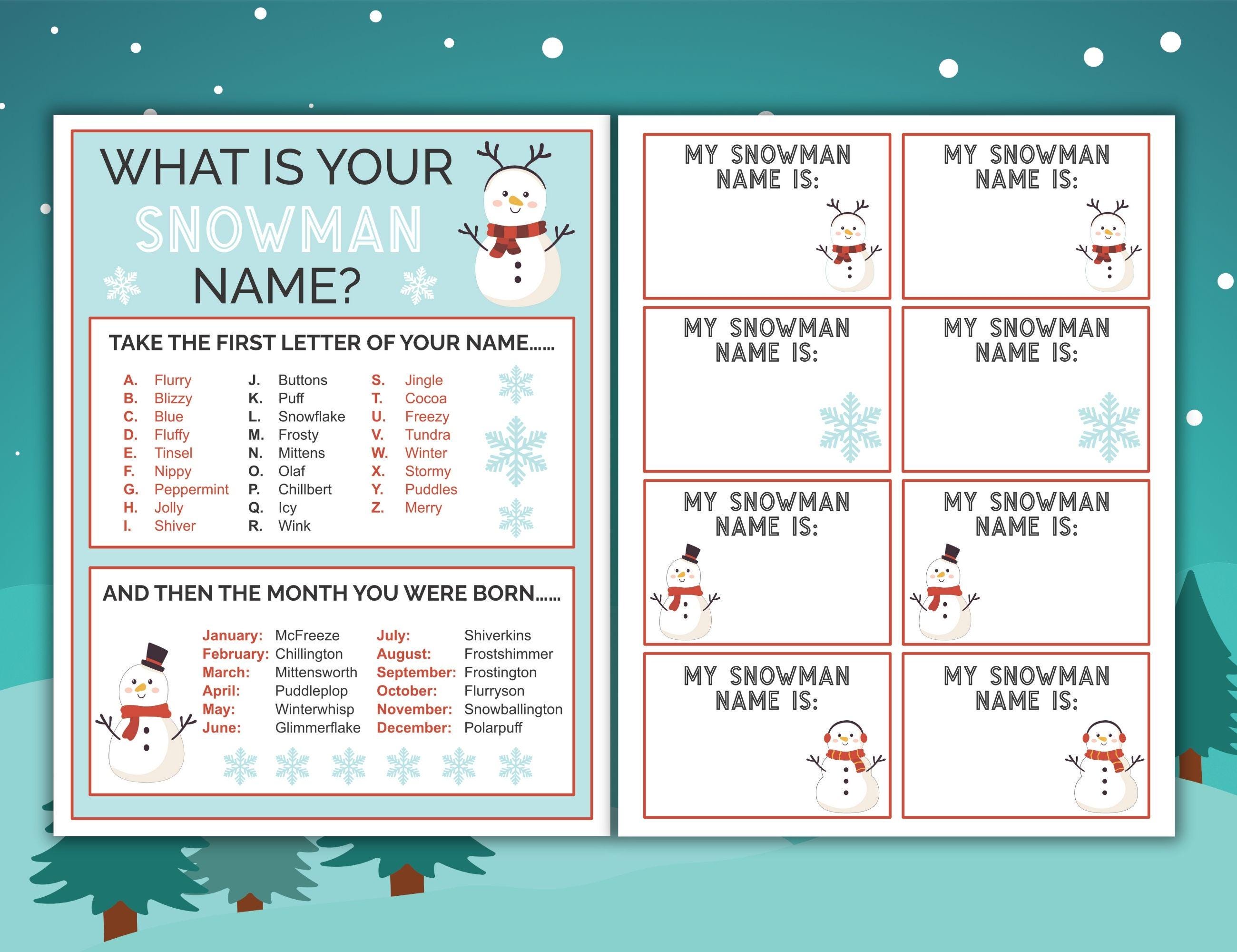 What's Your Snowman Name Printable Name Generator Game With Name Tags ...