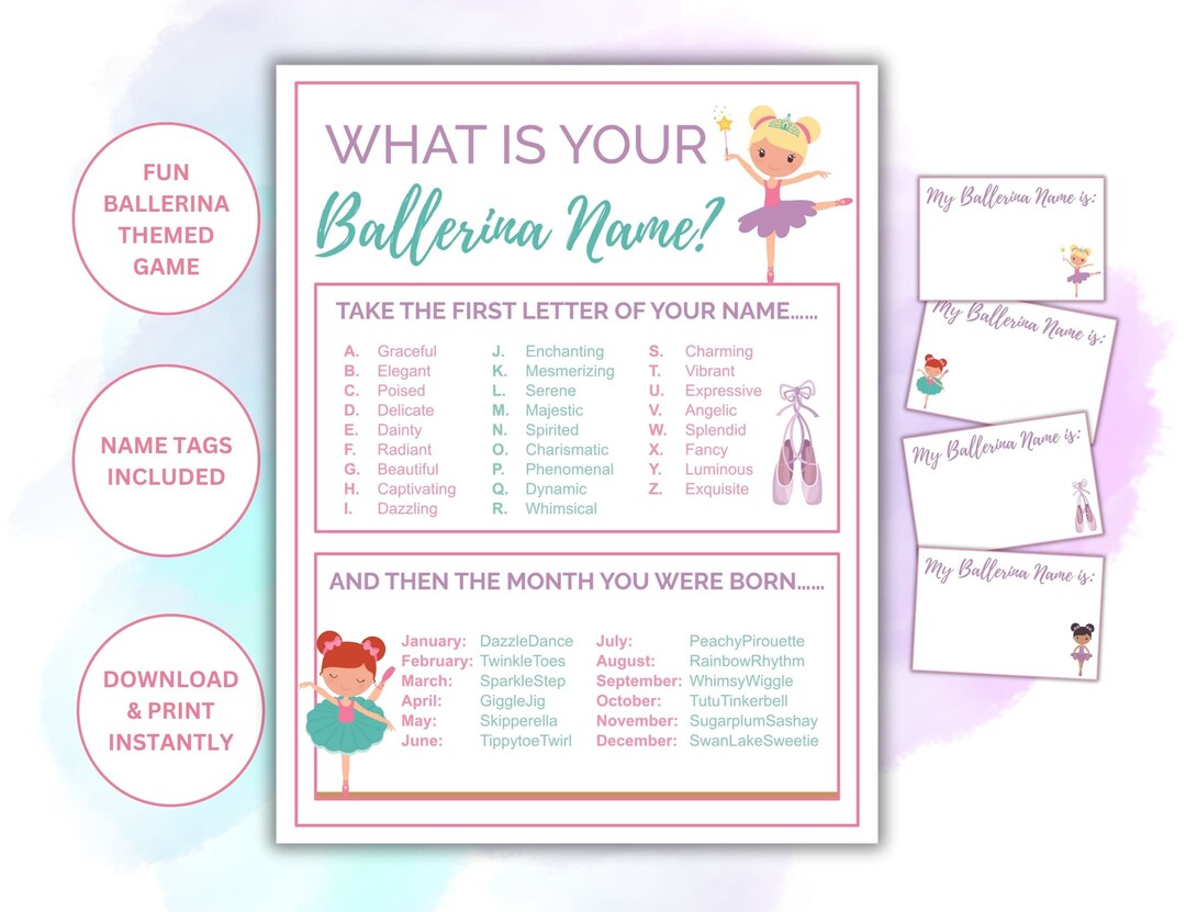 What is Your Ballerina Name Printable Game | Ballet Themed Party Game ...