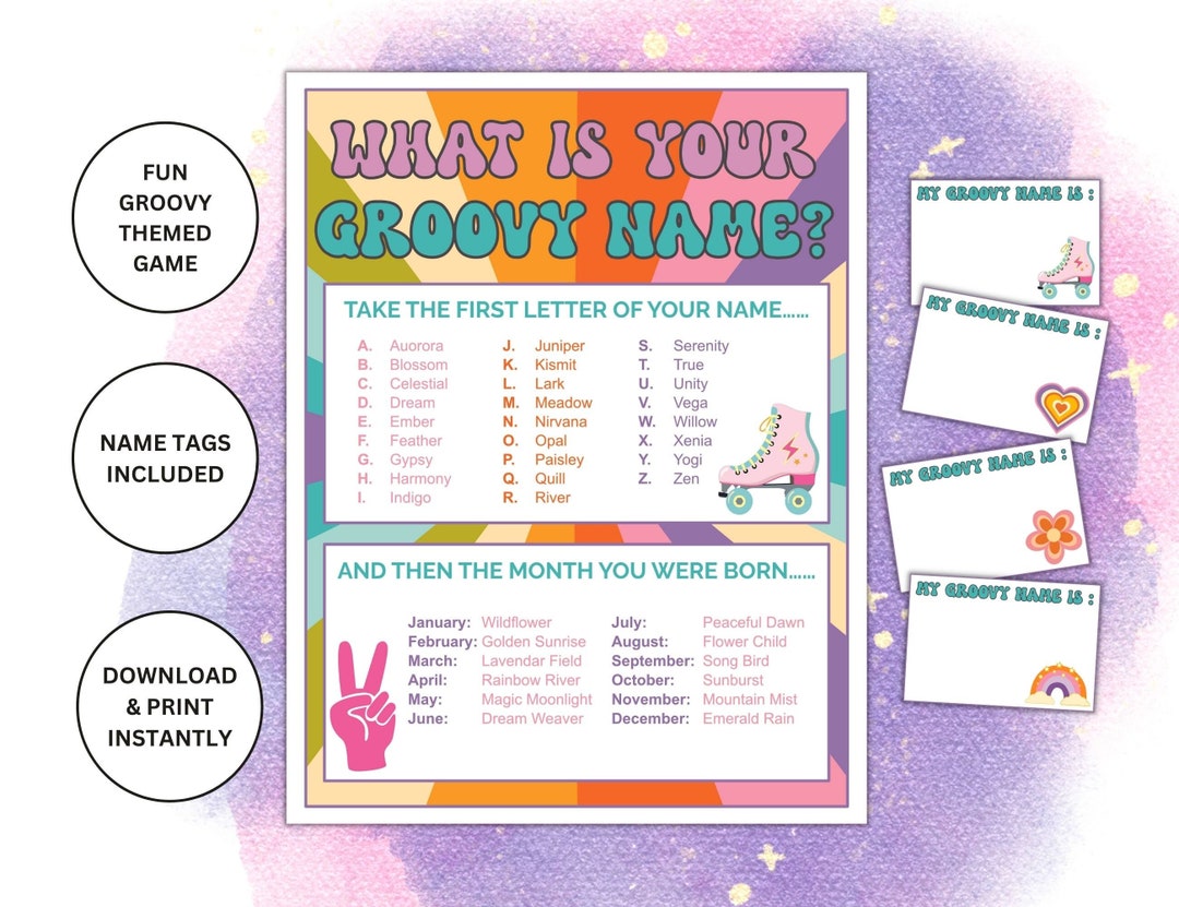 What is Your Groovy Name Printable Game | Groovy Themed Party Game ...
