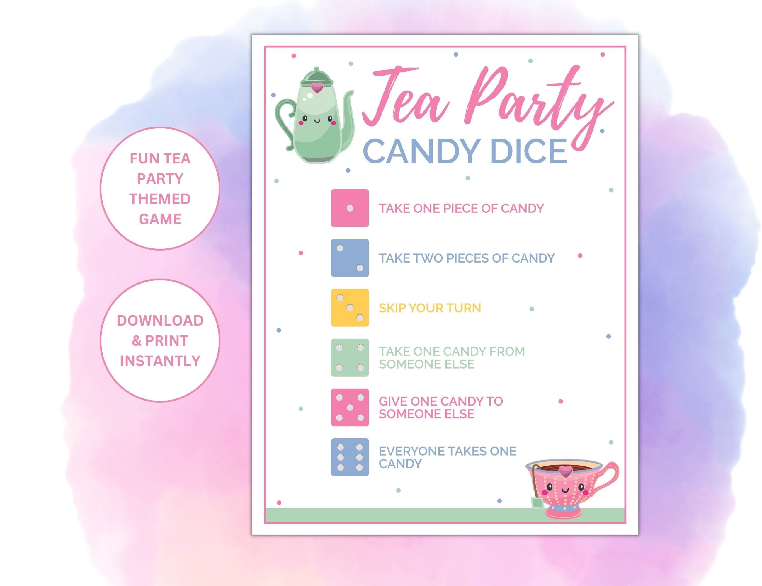 Tea Party Candy Dice Printable Game | Tea Party Themed Game | Easy Kid ...