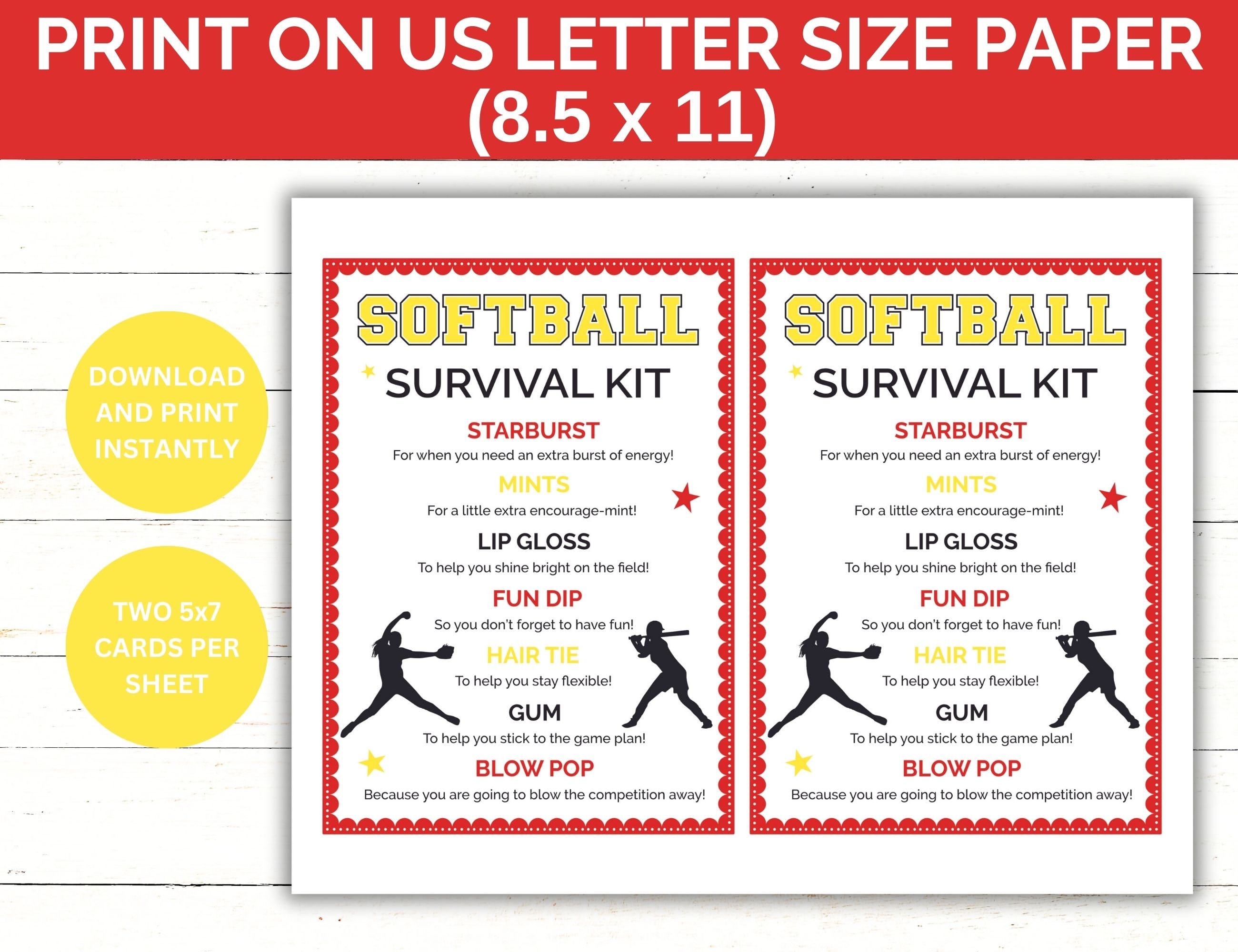 Printable Softball Survival Kit Softball Player Gift Idea Softball Team ...