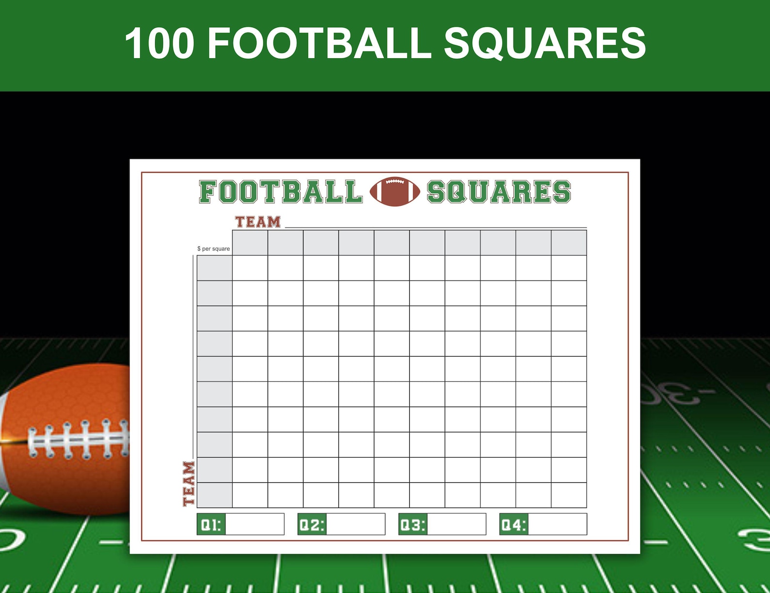 Football Squares Printable Game Board | 100 Square Football Pool | 100 ...