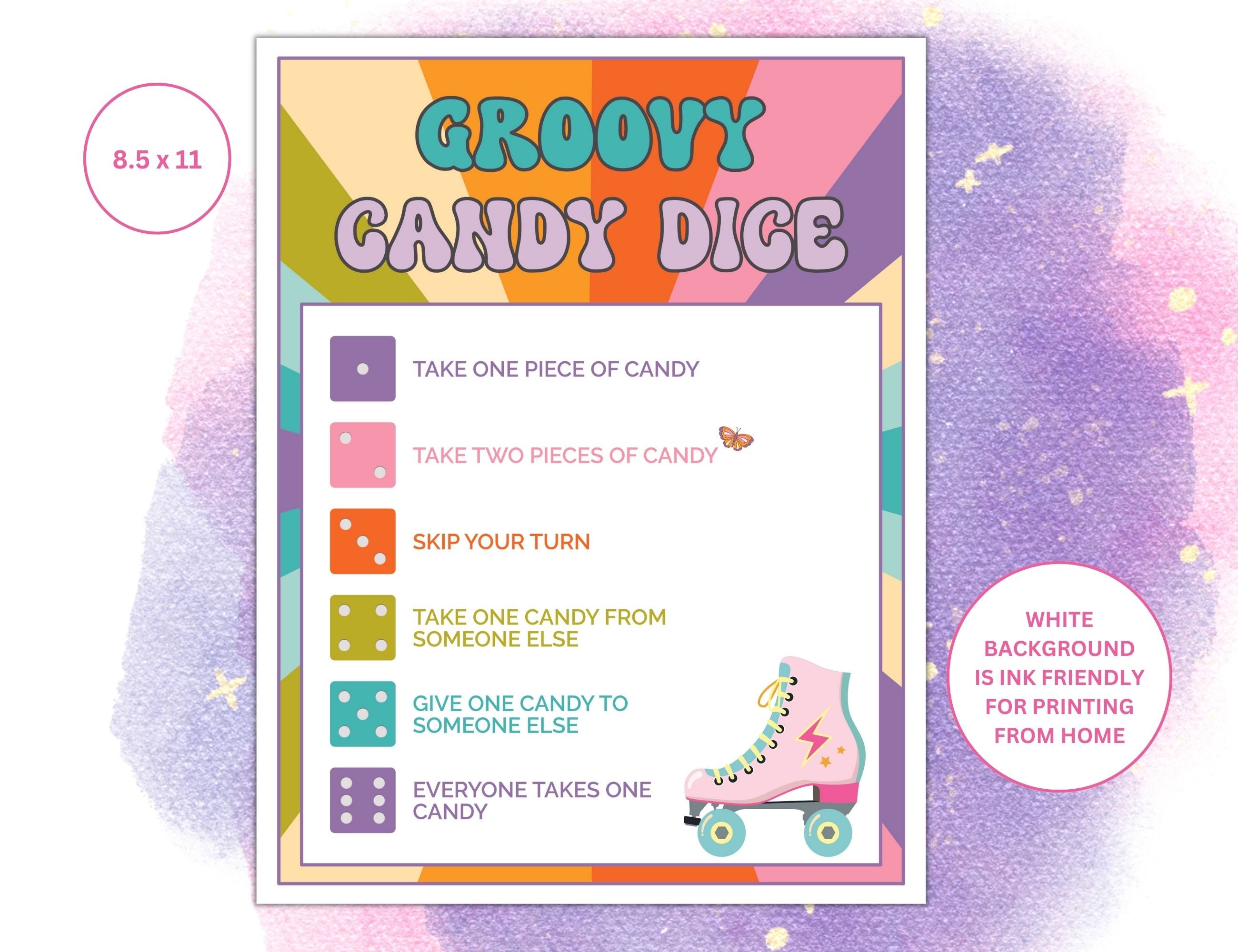 Groovy Candy Dice Printable Game | Retro Groovy Themed Party Game ...