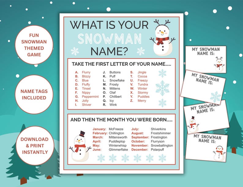What's Your Snowman Name Printable Name Generator Game With Name Tags ...