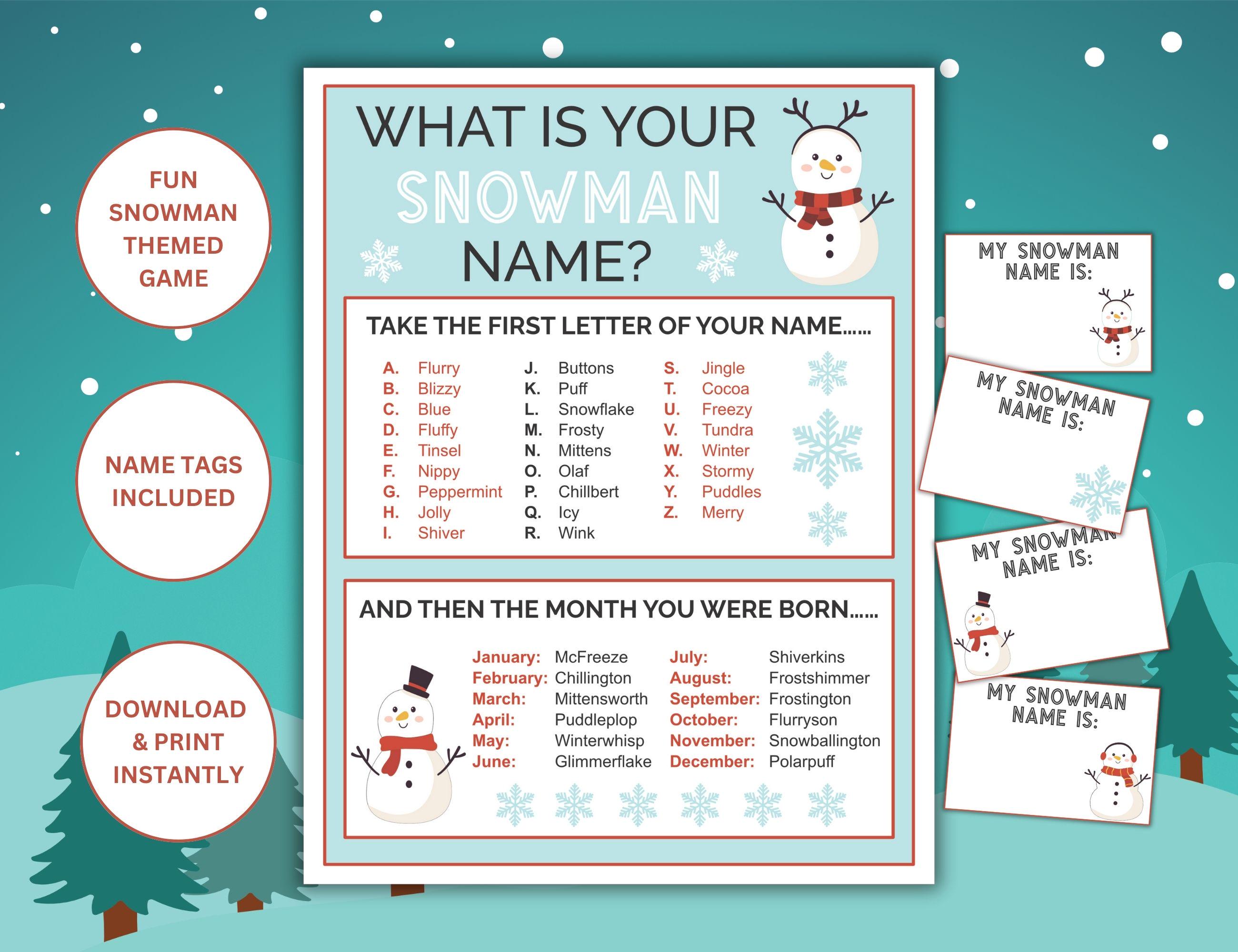 What's Your Snowman Name Printable Name Generator Game With Name Tags ...