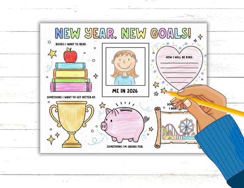 Kids New Year 2026 Goals Coloring Page, Children's New Years Worksheets ...
