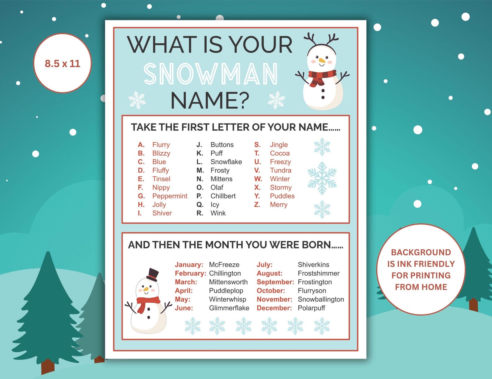 What's Your Snowman Name Printable Name Generator Game With Name Tags ...